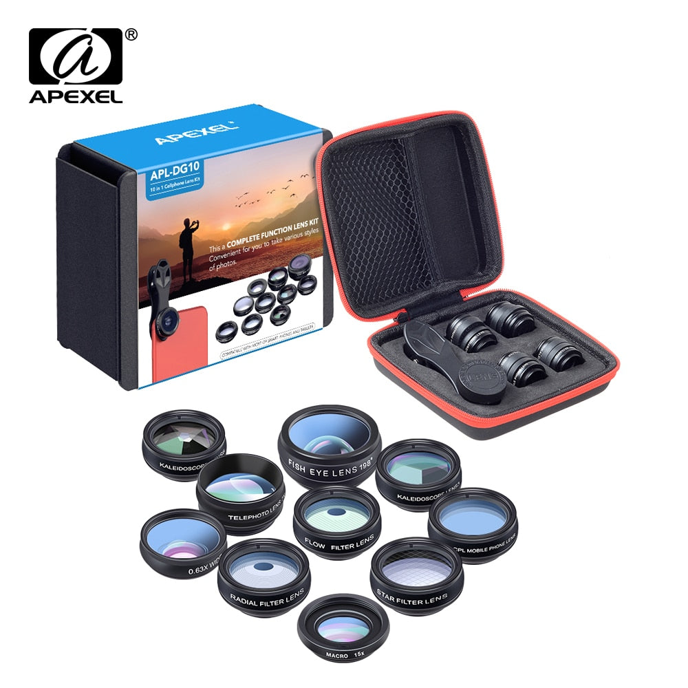 APEXEL Phone lens kit universal 10 in 1 Fisheye Wide Angle macro Lens ...